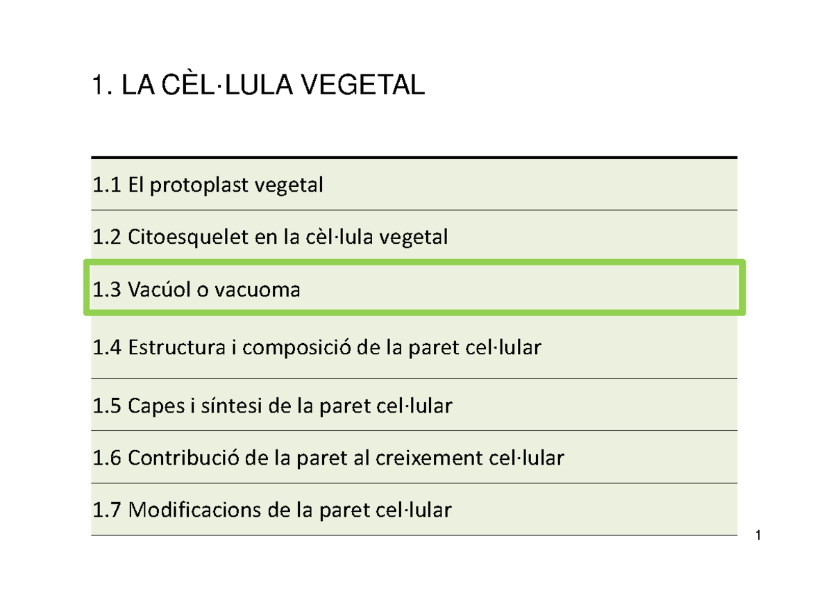 1.3 Vacuol 22-23 - Tema2_1_2021-22.pdf - 1. LA CÈL·LULA VEGETAL 1 El protoplast vegetal 1 - Studocu