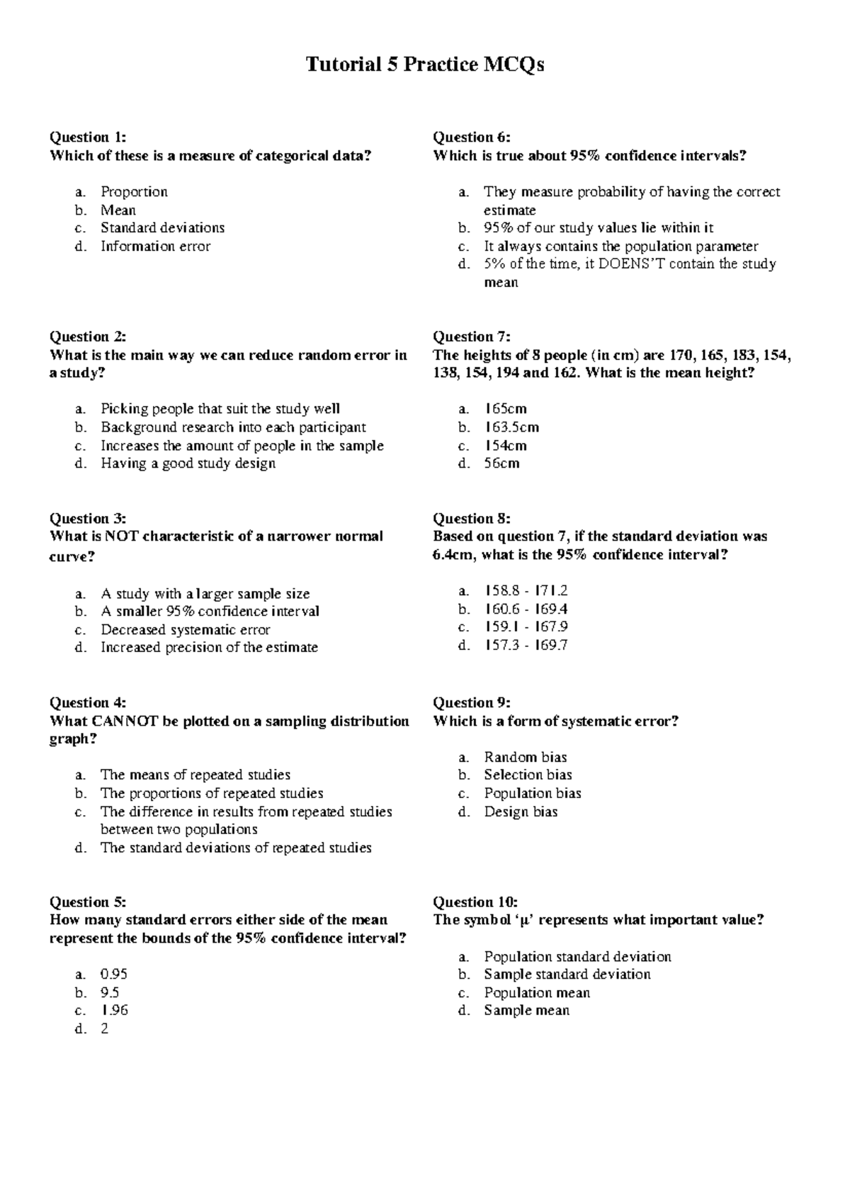 HUBS191 Tutorial 5 Practice Multiple Choice Questions - Tutorial 5 ...