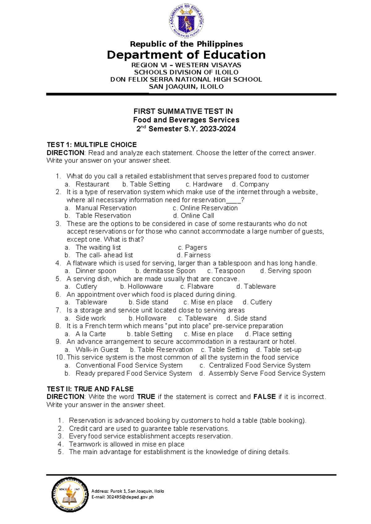 1st Summative Test - noted - Republic of the Philippines Department of ...