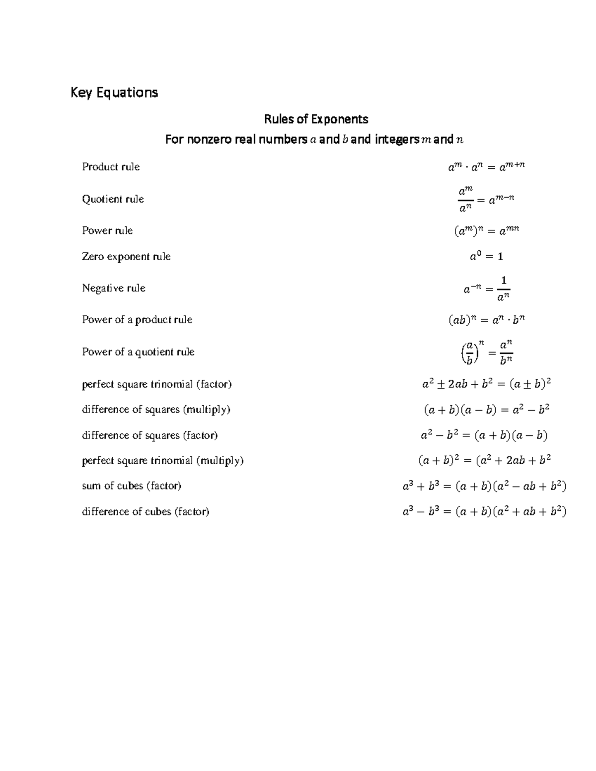 PDF Module 1 Key Equations - Key Equations Rules of Exponents For ...