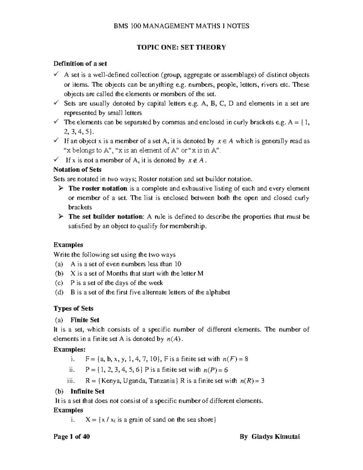 BMS 100 Management Maths I Notes - TOPIC ONE: SET THEORY Definition of ...