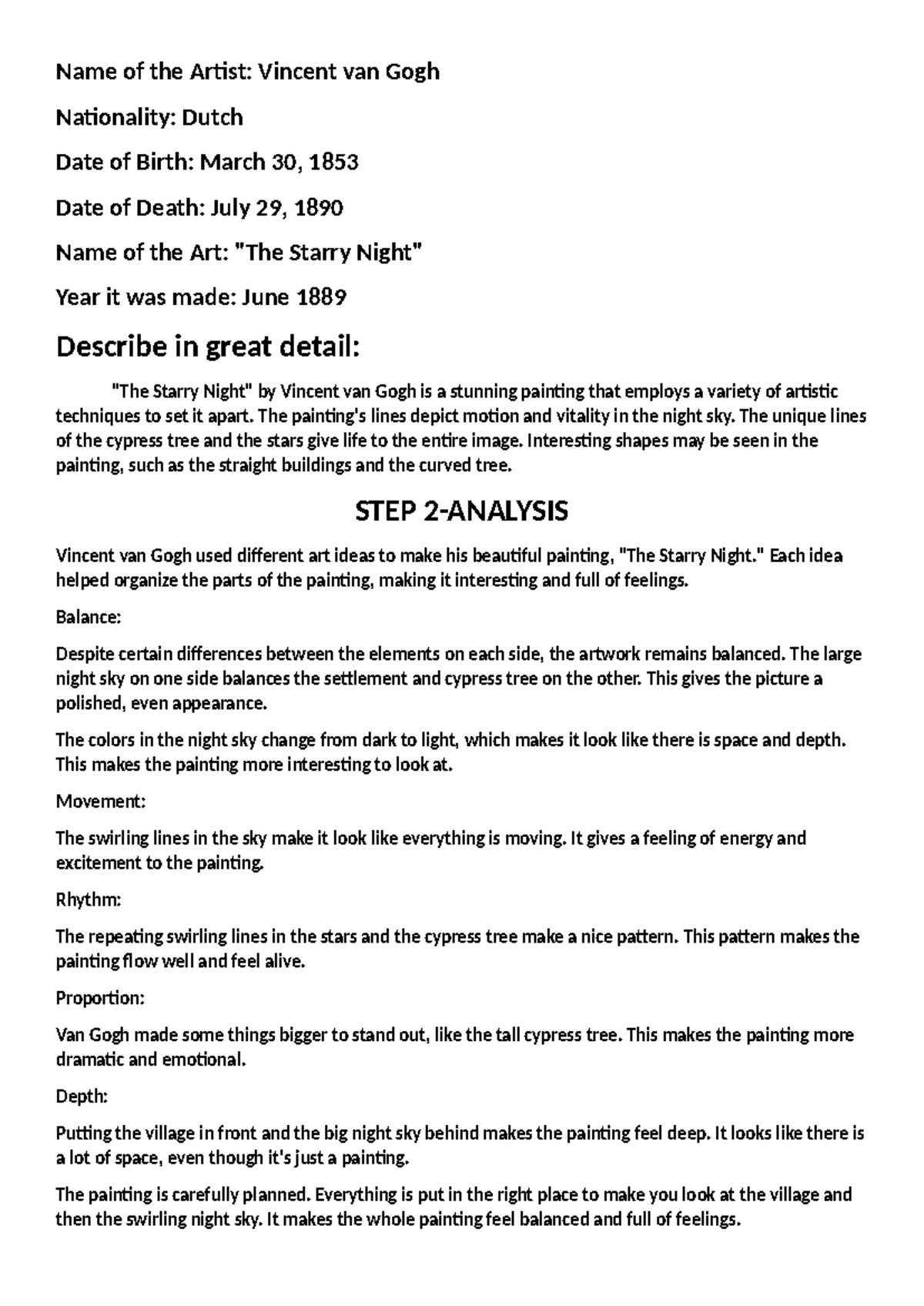 ART - just do read the description of art - Name of the Artist: Vincent ...