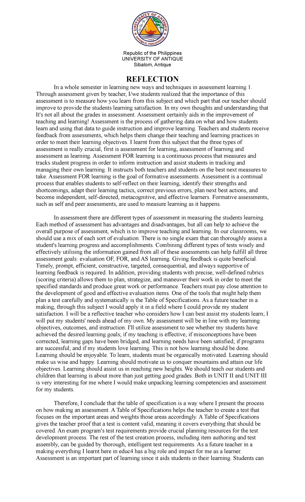 Jay-r-reflection - REFLECTION - Republic of the Philippines UNIVERSITY ...