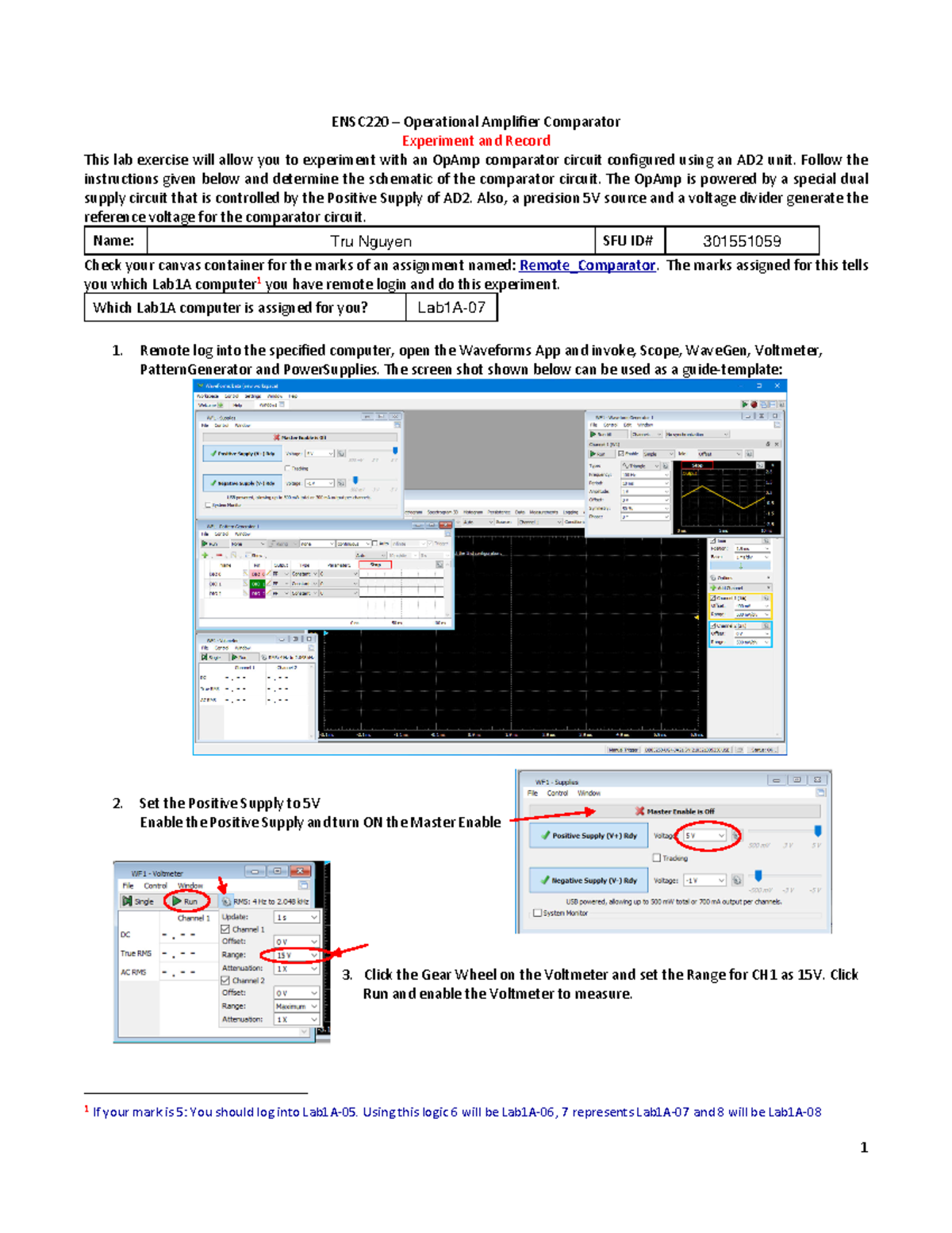 AD2-Comparator Exercise - 1 ENSC220 – Operational Amplifier Comparator Experiment and Record ...
