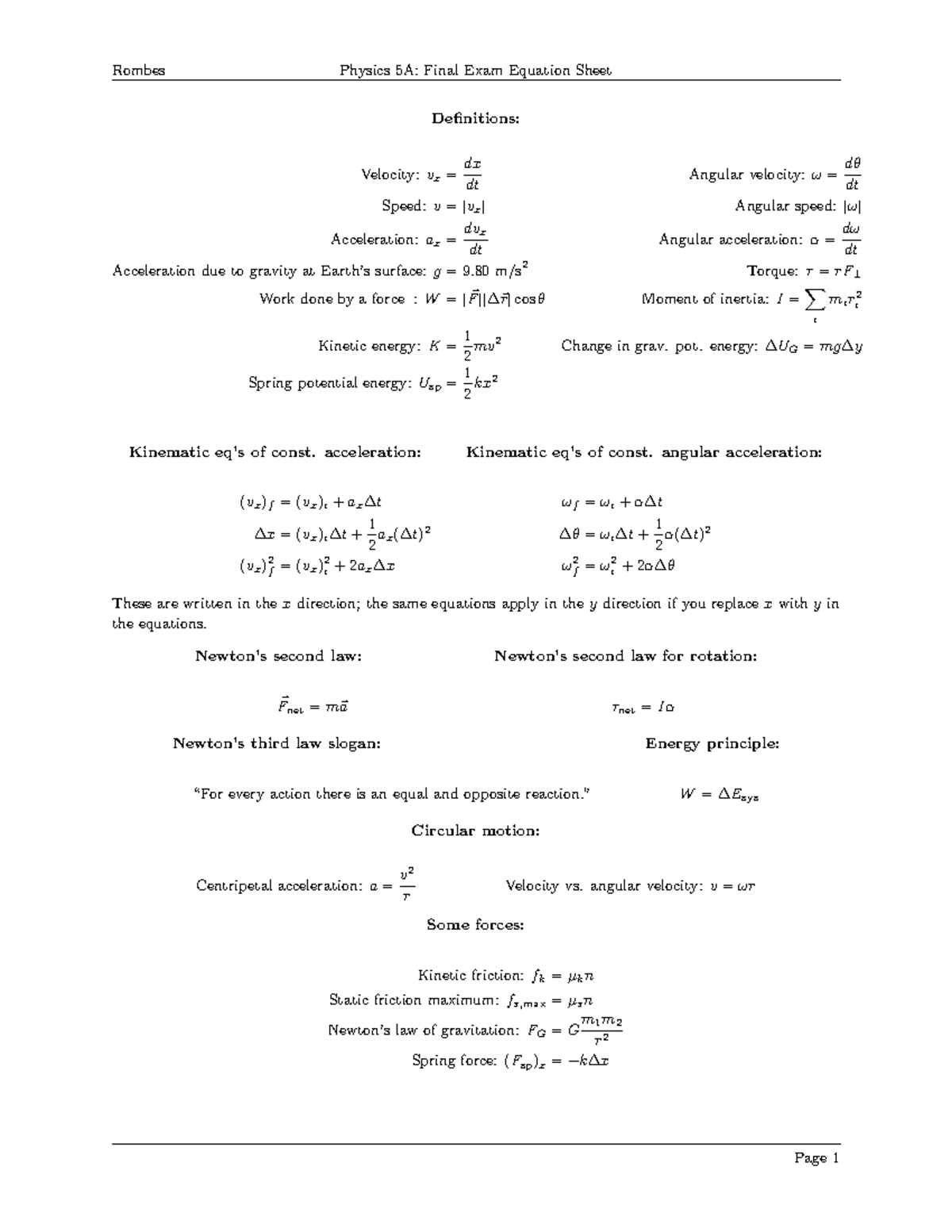 Equation Sheet Final - Rombes Physics 5A: Final Exam Equation Sheet Definitions: Velocity: vx ...