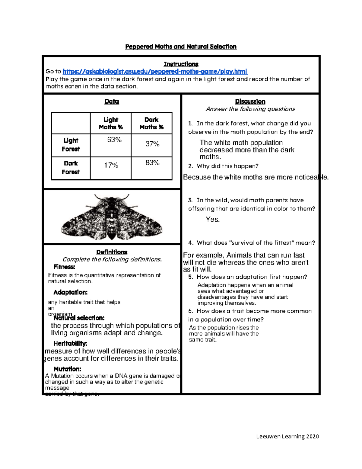 Natural Selection - Leeuwen Learning 2020 Peppered Moths and Natural ...