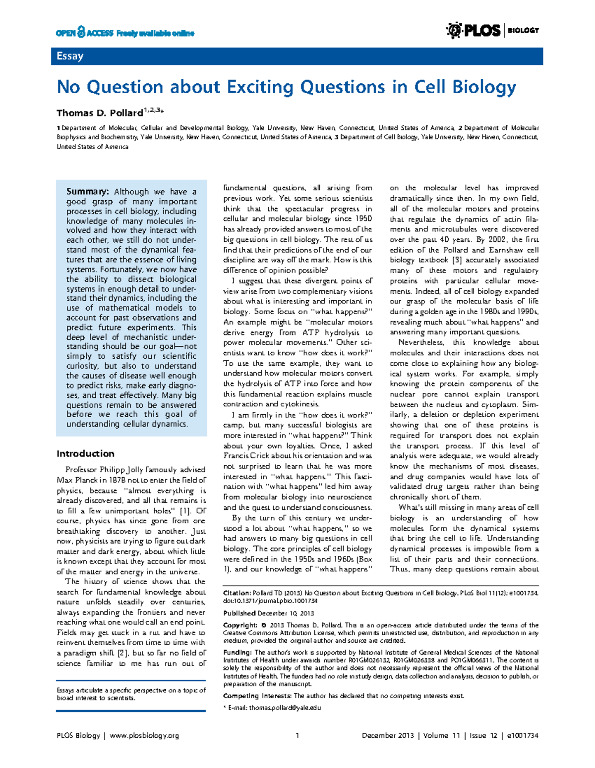 Pollard 2013 PLOS - Paper - Essay No Question about Exciting Questions ...