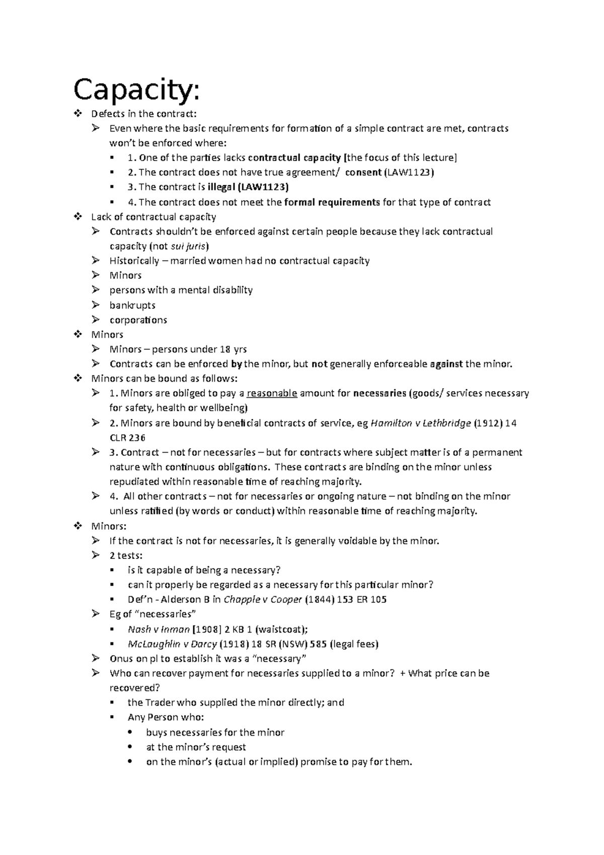 4. Capacity - Lecture notes 4 - Capacity: Defects in the contract: Even ...