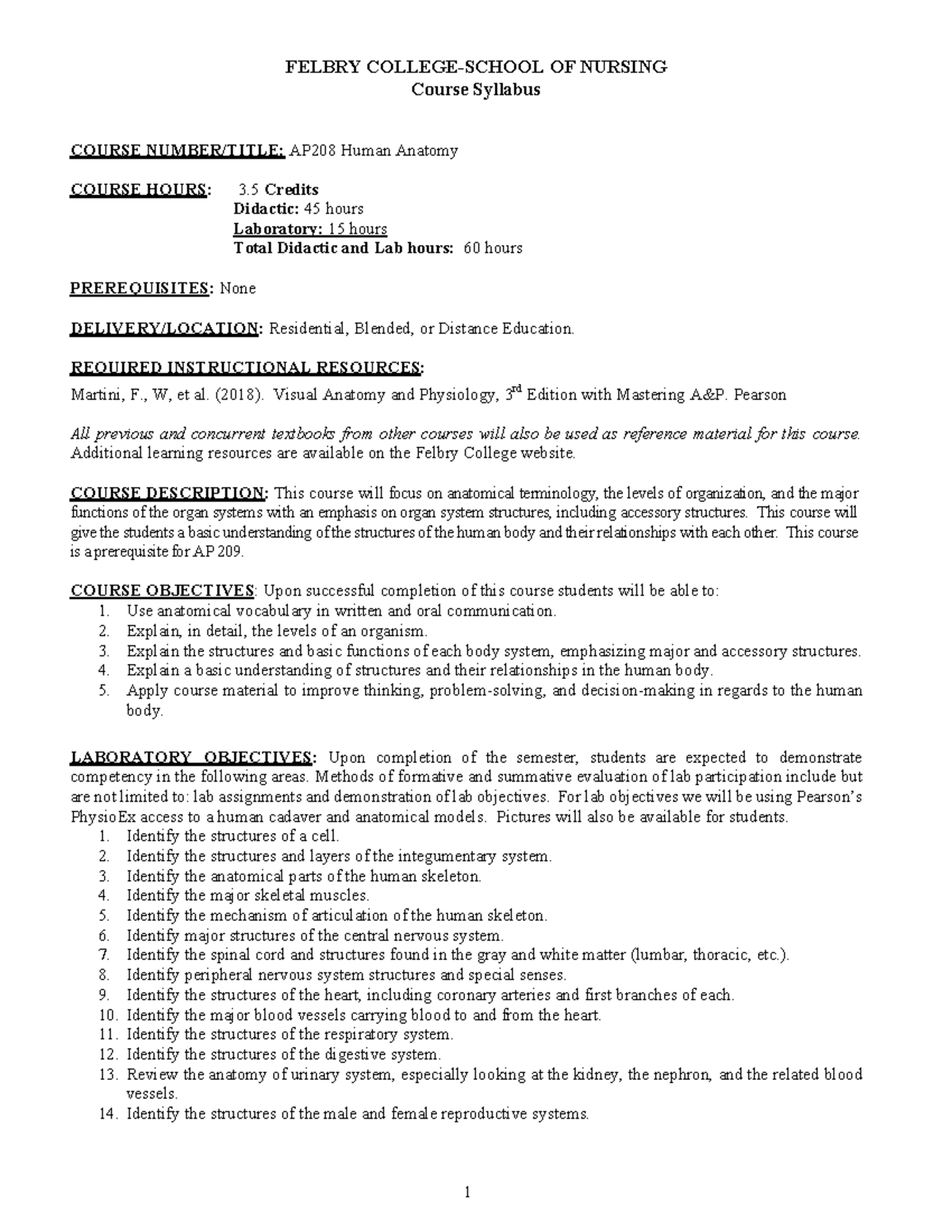 AP208 Human Anatomy Syllabus - Course Syllabus COURSE NUMBER/TITLE ...