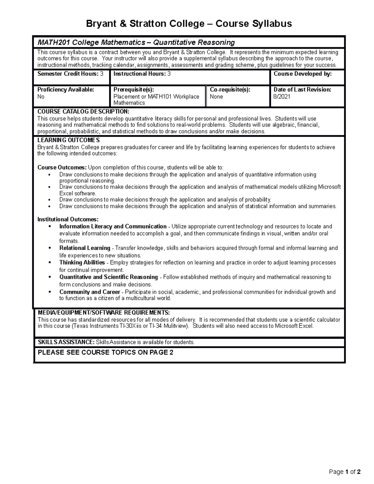 MATH201 College Mathematics - Quantitative Reasoning - Bryant ...