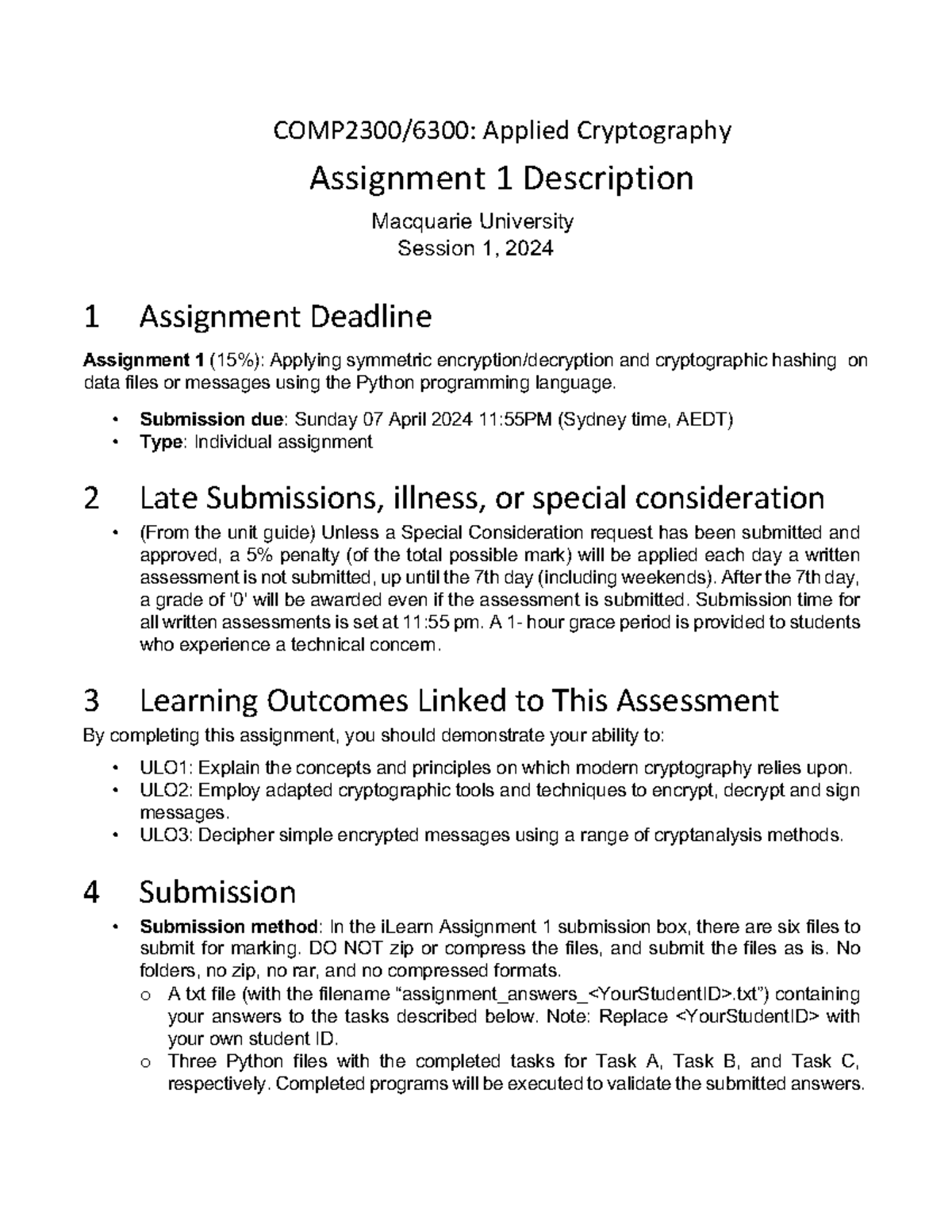COMP2300-6300 Assignment-1 description - COMP2300/6300: Applied Cryptography Assignment 1 - Studocu