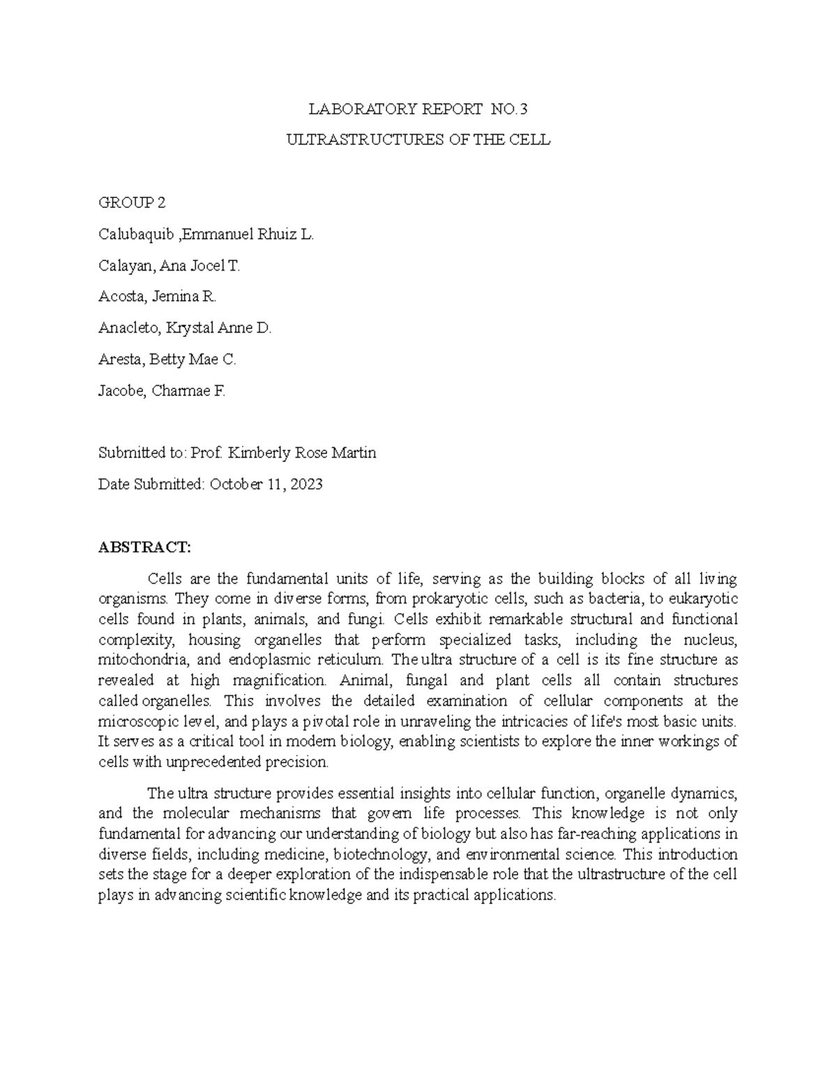 Group 2 lab-report-3 ultrastructure-of-the-cell - LABORATORY REPORT NO ...