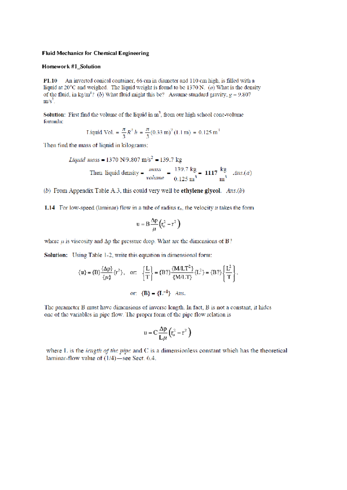 HW#1 Solution Fluid Mechanics for Chemical Engineering - Fluid ...