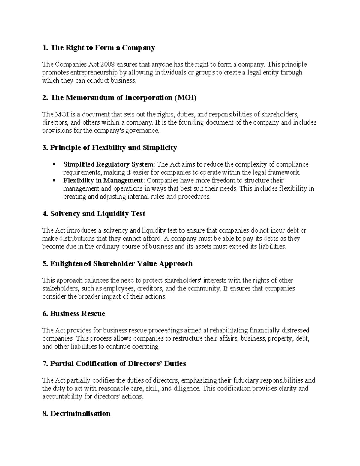 COR Notes - 1. The Right to Form a Company The Companies Act 2008 ...