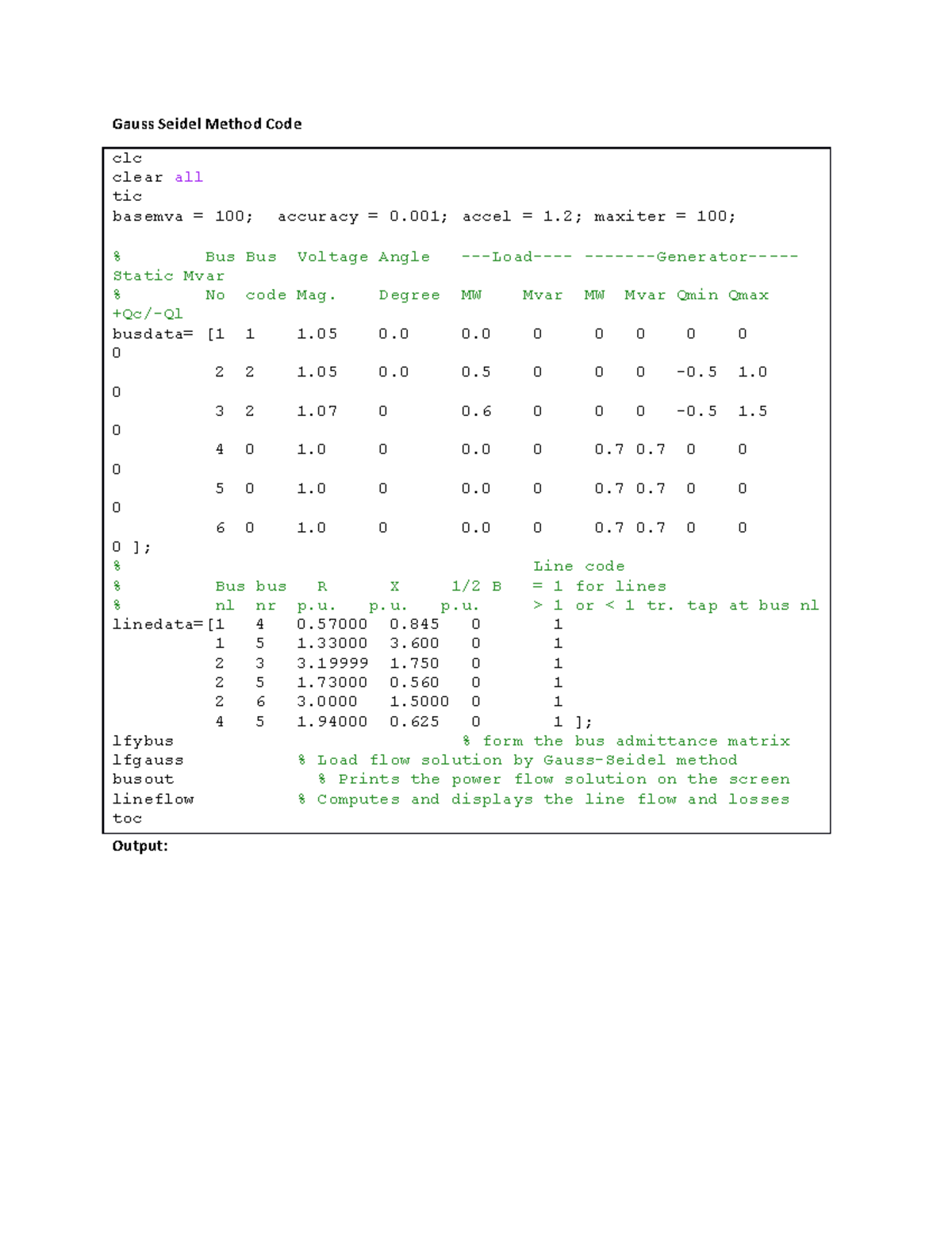 Cep Matlab Code Output Gauss Seidel Method Code Clc Clear All Tic 0399