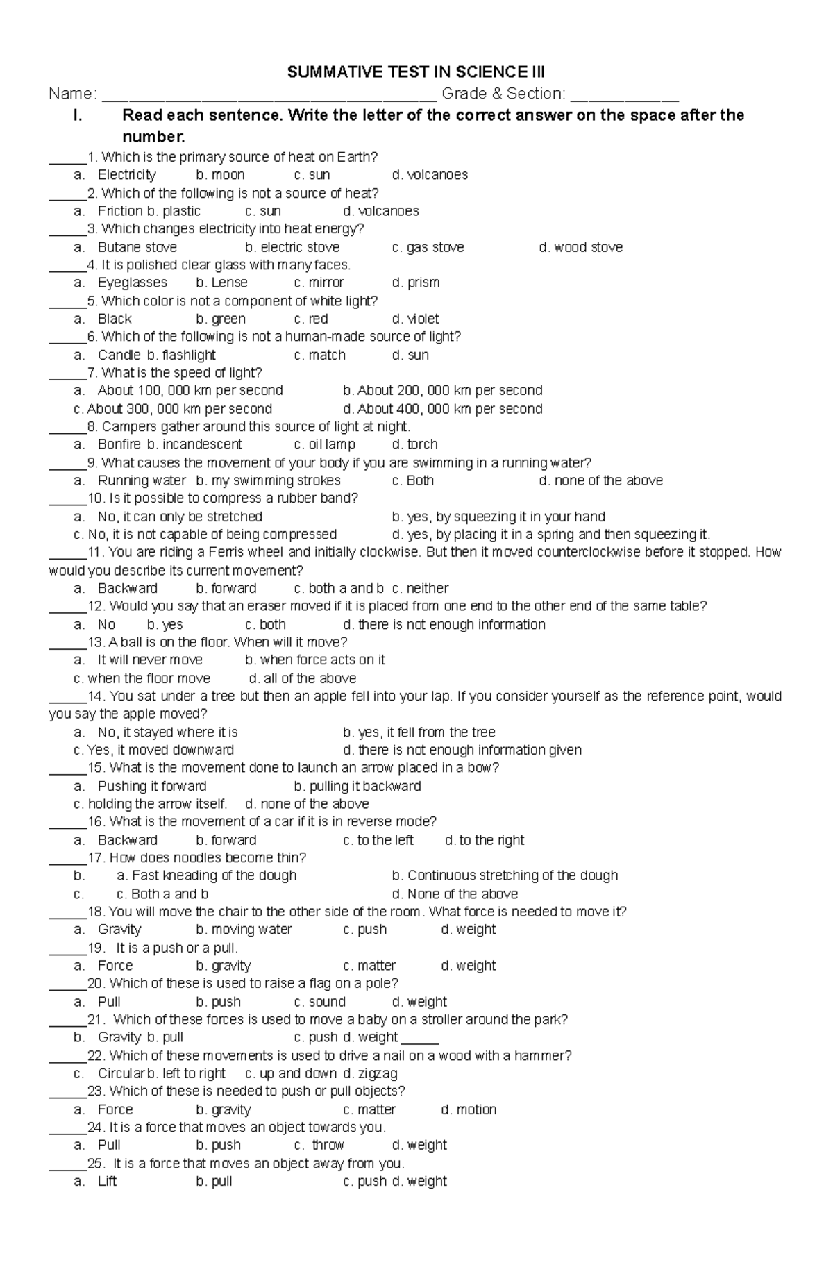 Summative T Science 3 - evaluation exam - SUMMATIVE TEST IN SCIENCE III ...
