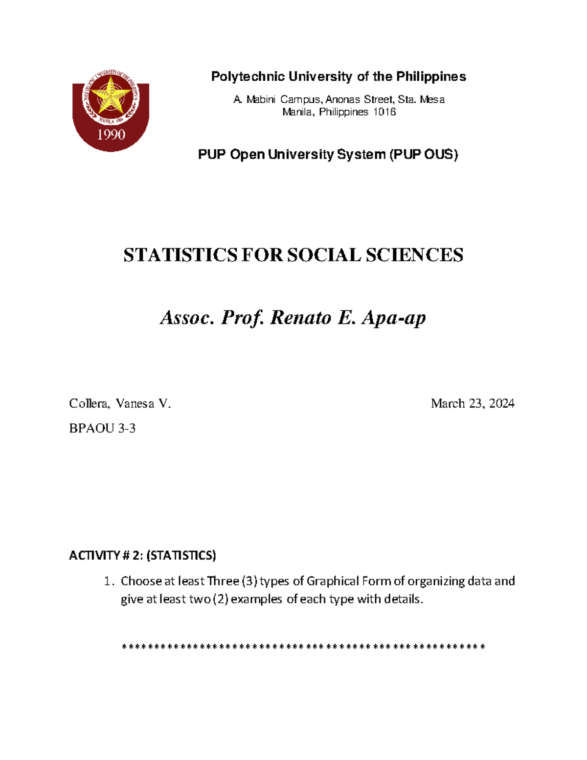STAT Assignment 2 Graphs - Polytechnic University of the Philippines A. Mabini Campus, Anonas ...