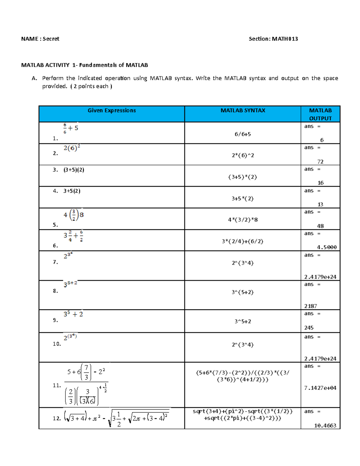Matlab Activity 1-2-1 - lienar algebra - NAME : Secret Section: MATH MATLAB ACTIVITY 1 ...
