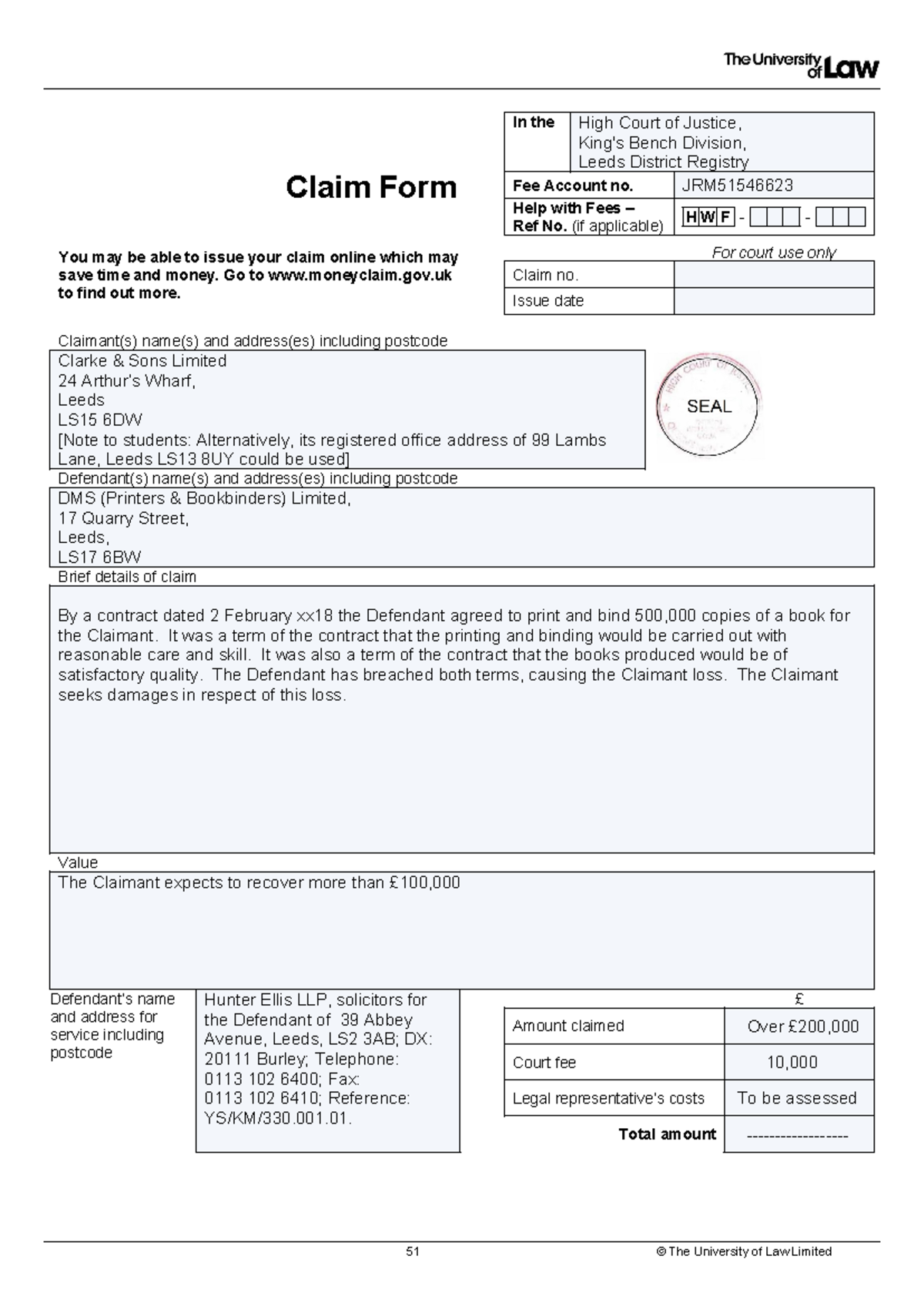 Exemplar Claim form - Unit 4 - In the High Court of Justice, King's ...