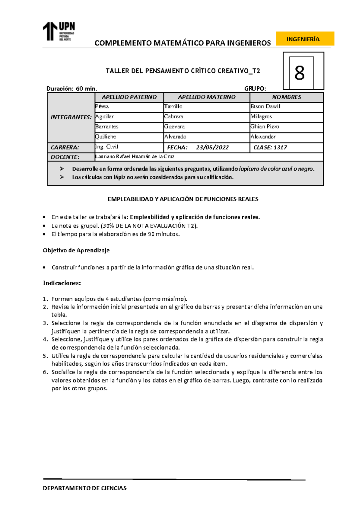 TPCC T2 2022 1 - Practica calificada - COMPLEMENTO MATEM¡TICO PARA INGENIEROS TALLER DEL ...