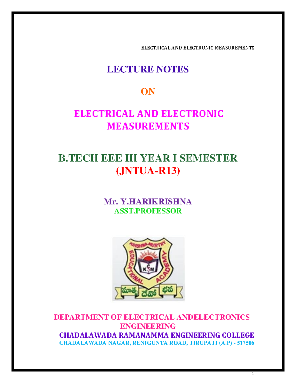 EEM lecture notes - ELECTRICAL AND ELECTRONIC MEASUREMENTS 1 LECTURE ...