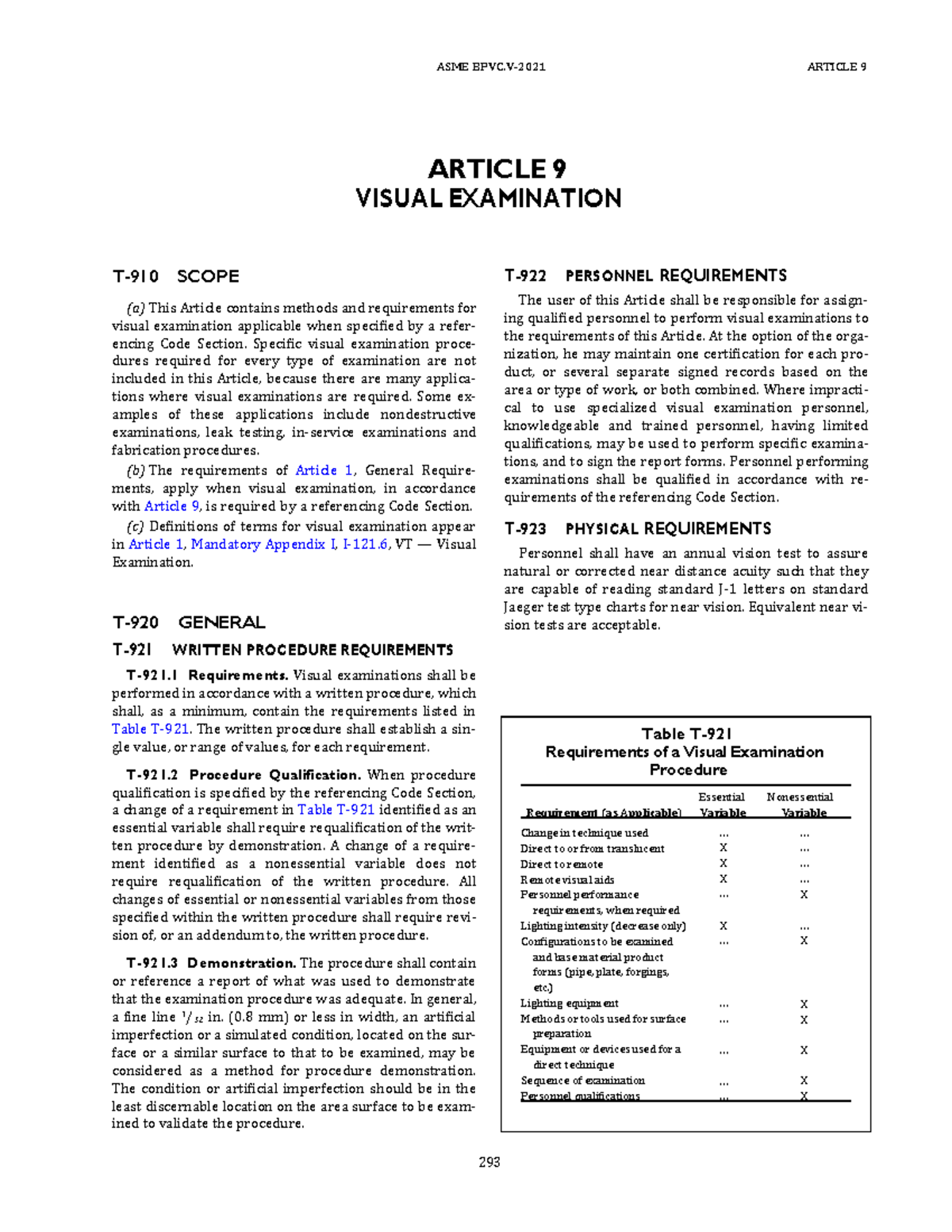 ASME BPVC 2021 Section V ART 9 - 293 Table T- 921 Requirements of a ...