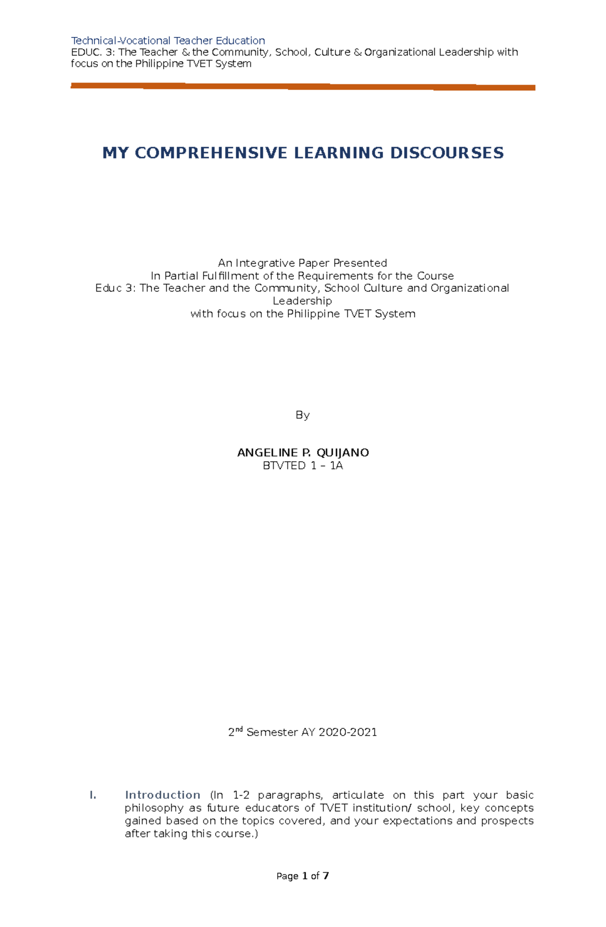 EDUC 4-Integrative Paper 1 - EDUC. 3: The Teacher & the Community ...