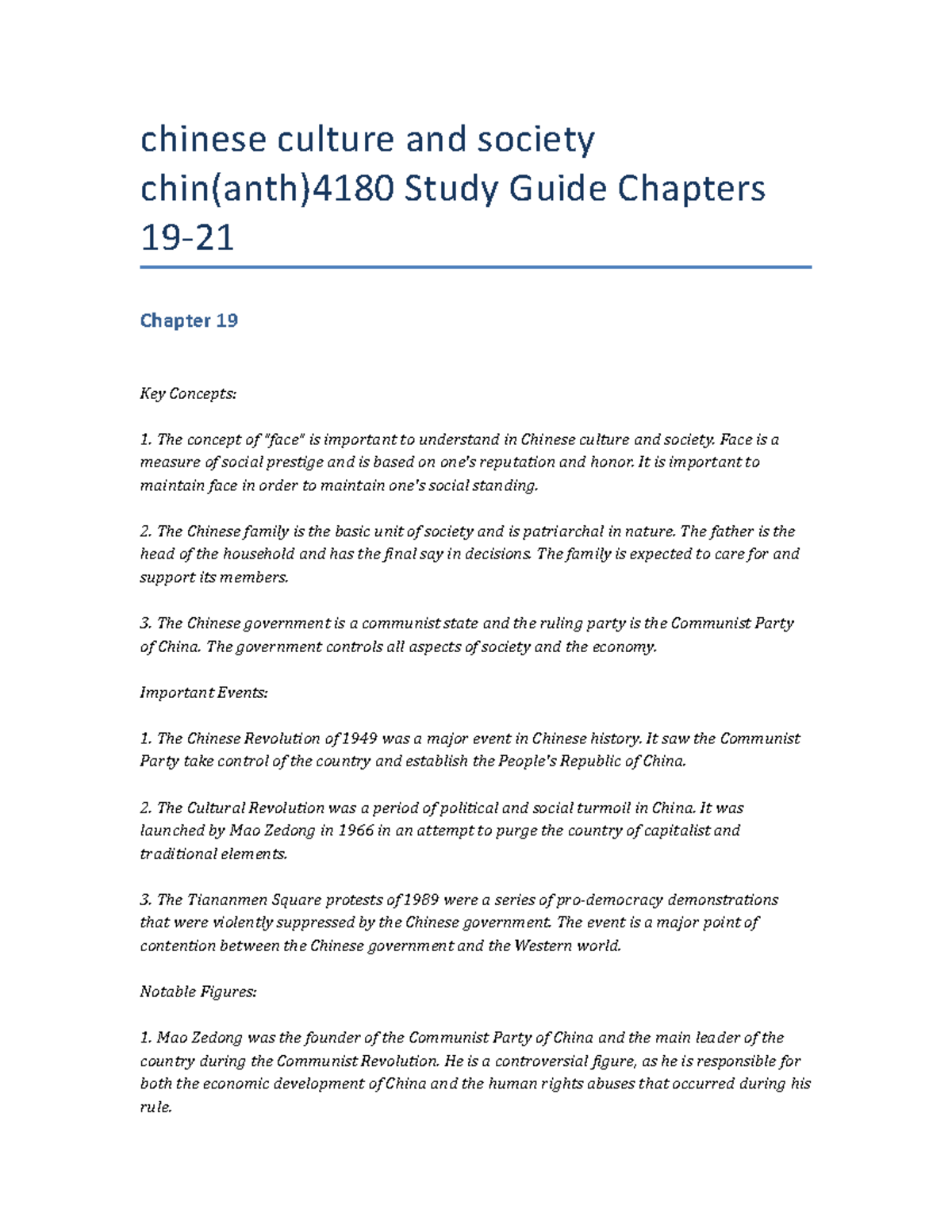 Chinese culture and society chin(anth)4180 Study Guide Chapters 19-21 ...
