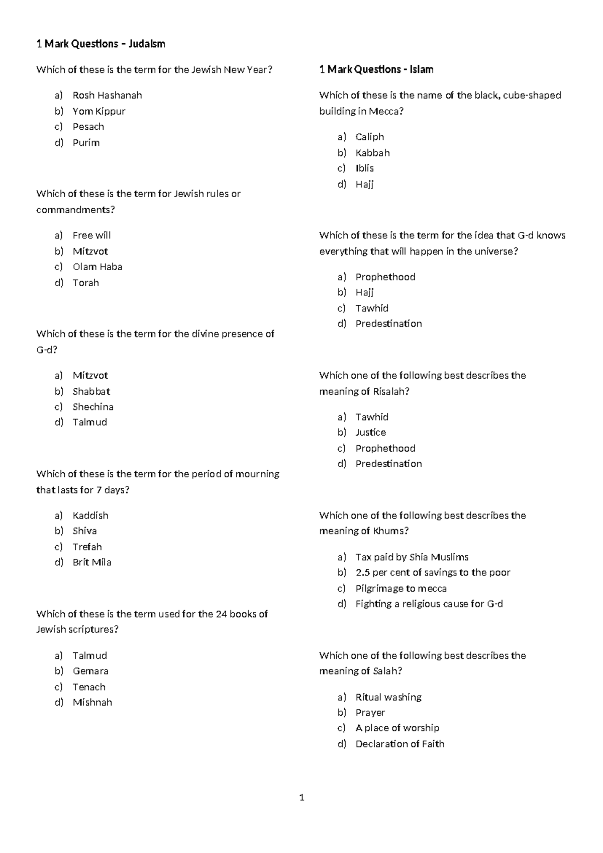 RS - Practice Questions - 1 Mark Questions – Judaism Which of these is ...