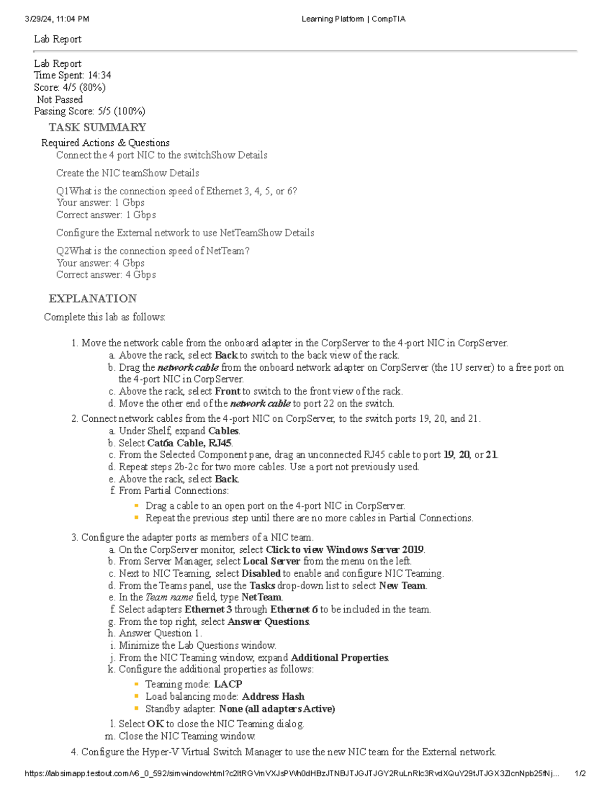 11.6.9 Configure NIC Teaming - 3/29/24, 11:04 PM Learning Platform | CompTIA - Studocu