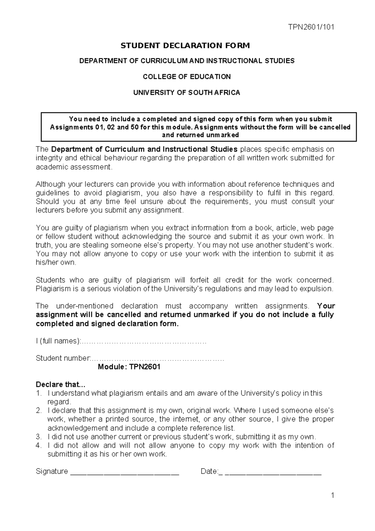 TPN2601 declaration form - TPN2601/ STUDENT DECLARATION FORM DEPARTMENT ...