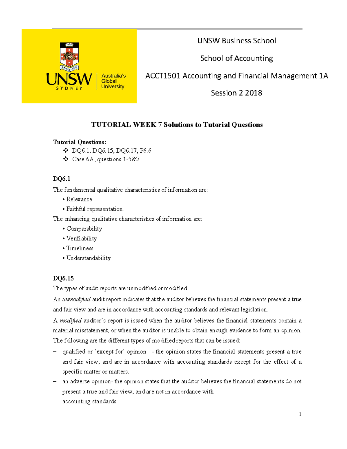 Week 7 Tutoral Question Solutions - UNSW Business School School of ...