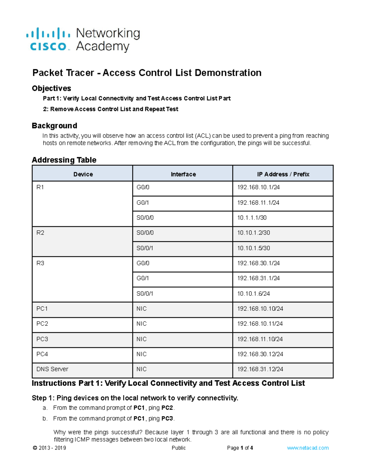 4.1.4-packet-tracer-acl-demonstration (DONE) - Packet Tracer - Access Control List Demonstration ...