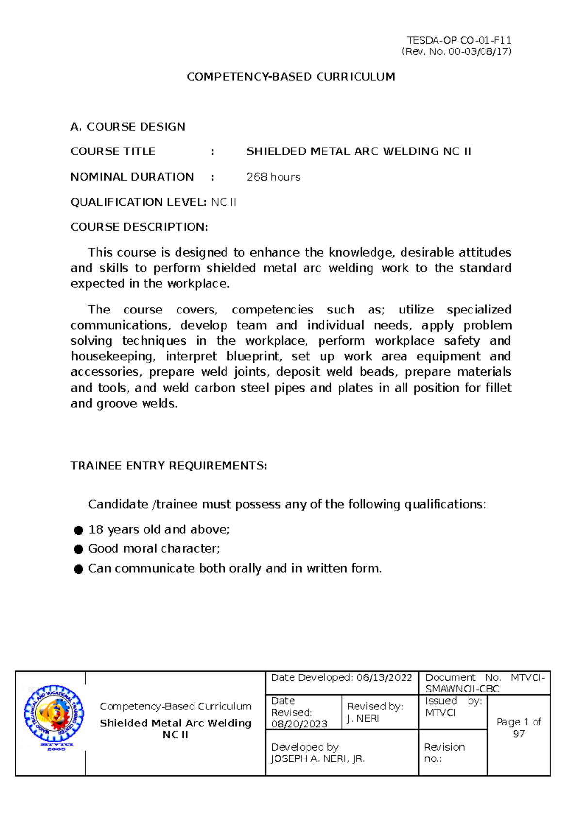 Mtvtci-CBC SMAW-NC-II - (Rev. No. 00-03/08/17) COMPETENCY-BASED ...