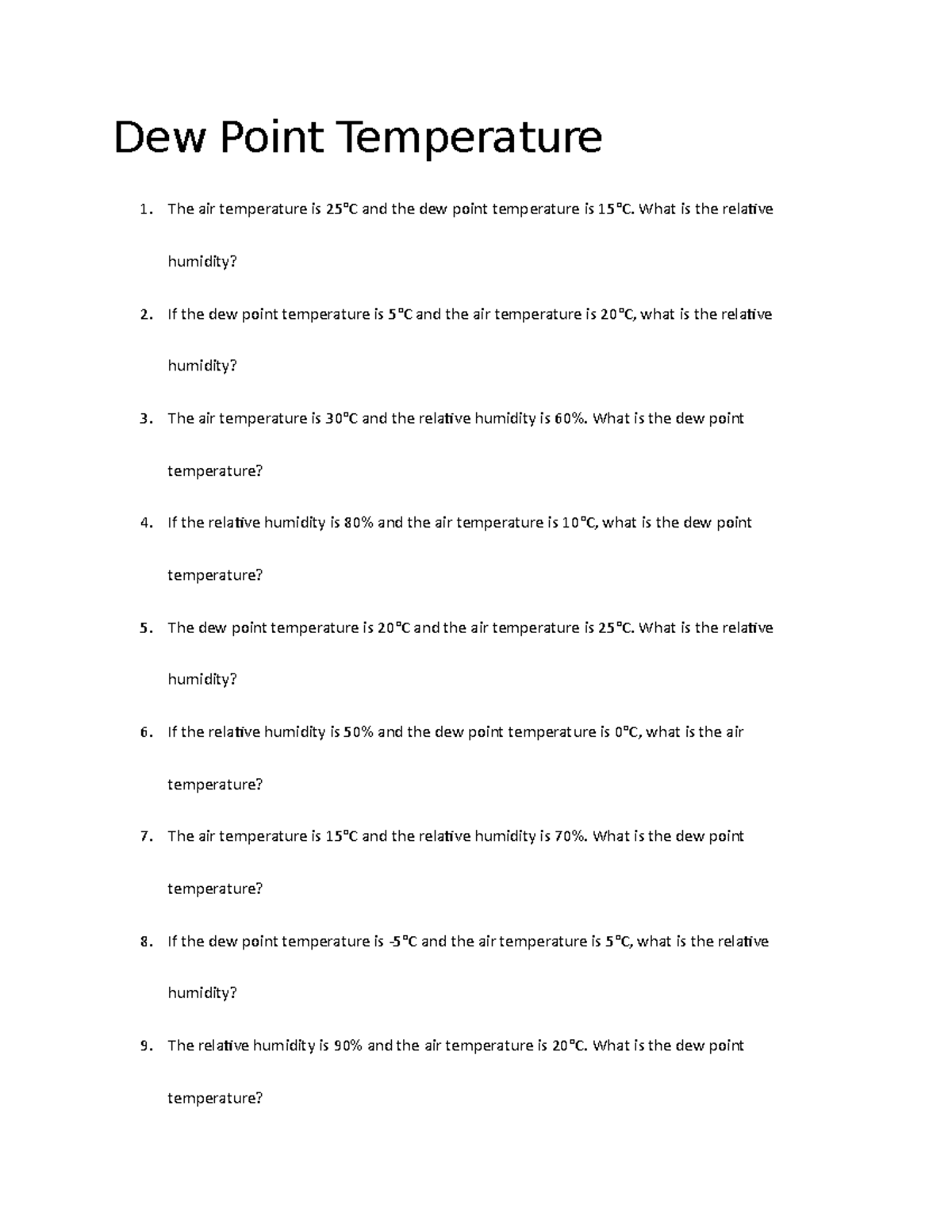 Dew Point Temperature - self-made worksheet for basic thermodynamics ...