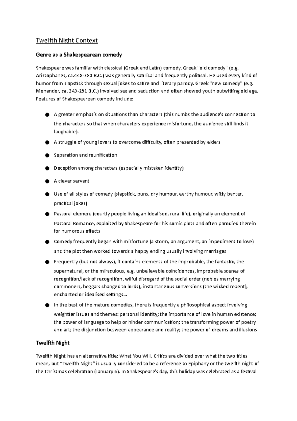 Twelfth Night Context - Twelfth Night Context Genre as a Shakespearean ...
