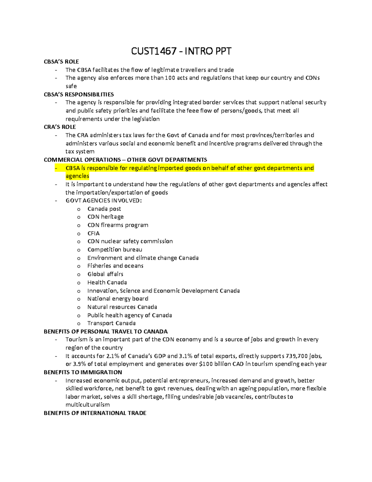 CUST1467 Notes - PPT 1 - CUST 1467 - INTRO PPT CBSA’S ROLE The CBSA ...