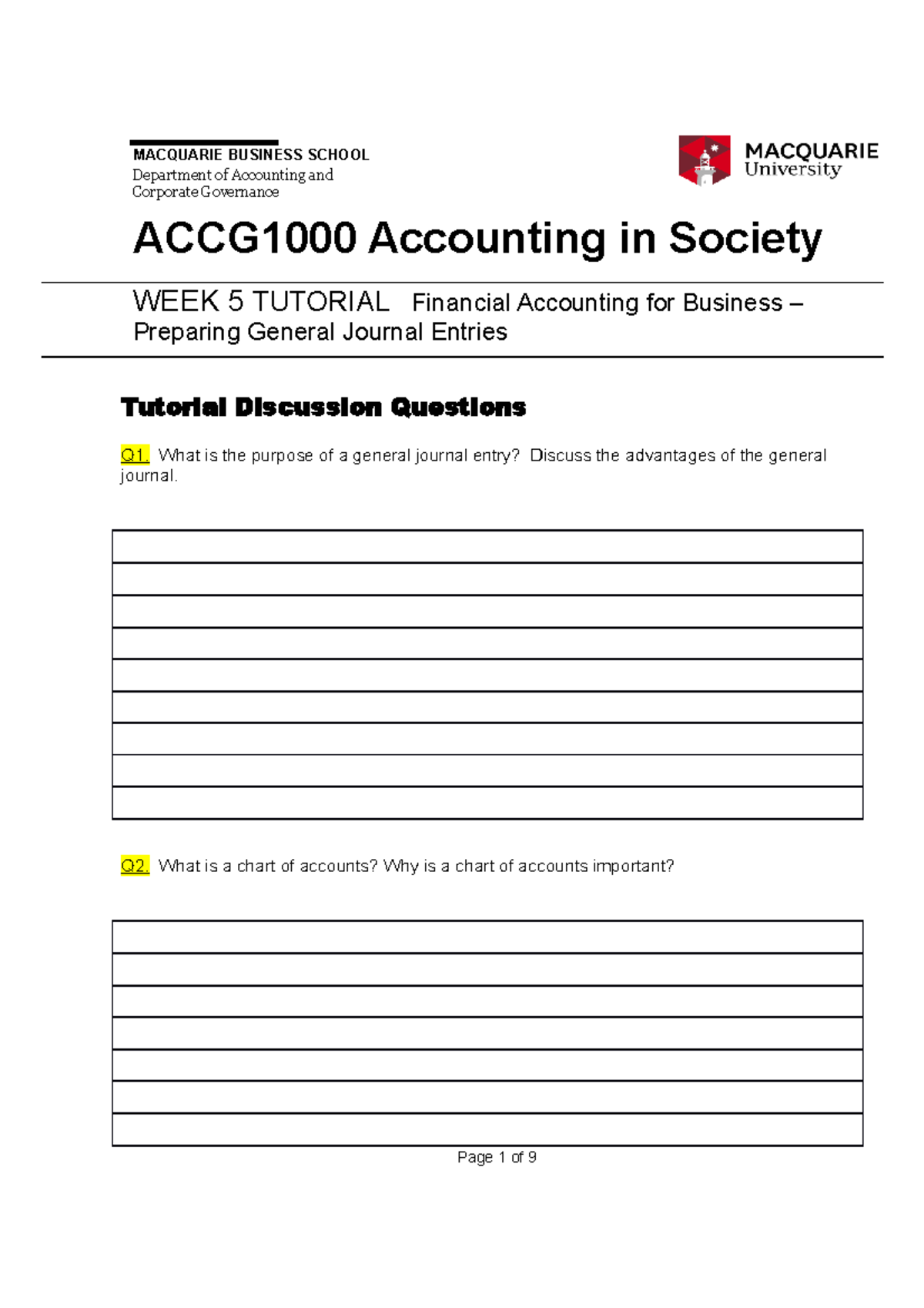 Week 5 Tutorial homework workbook - MACQUARIE BUSINESS SCHOOL ...