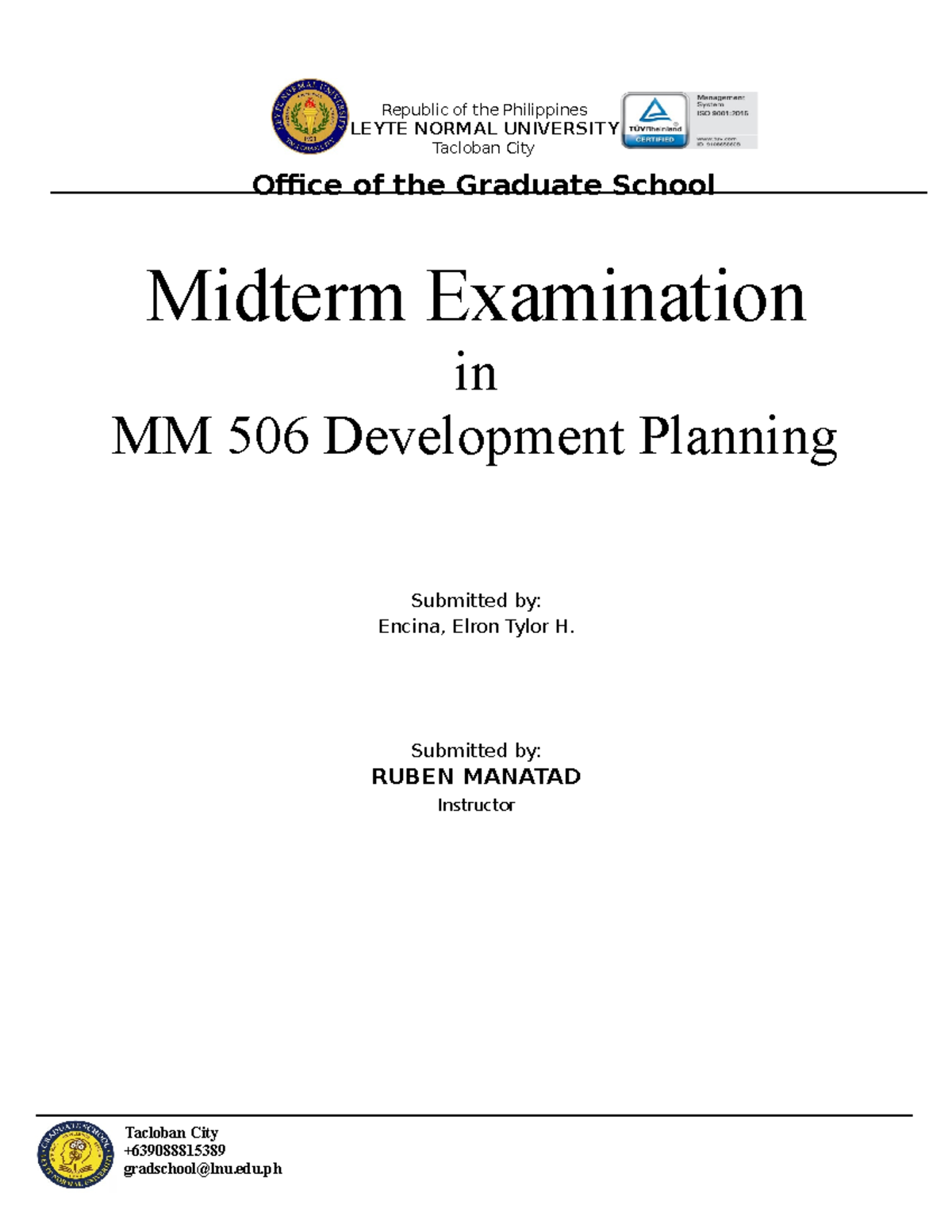 Midterm Exam in Development Planning - Midterm Examination in MM 506 ...