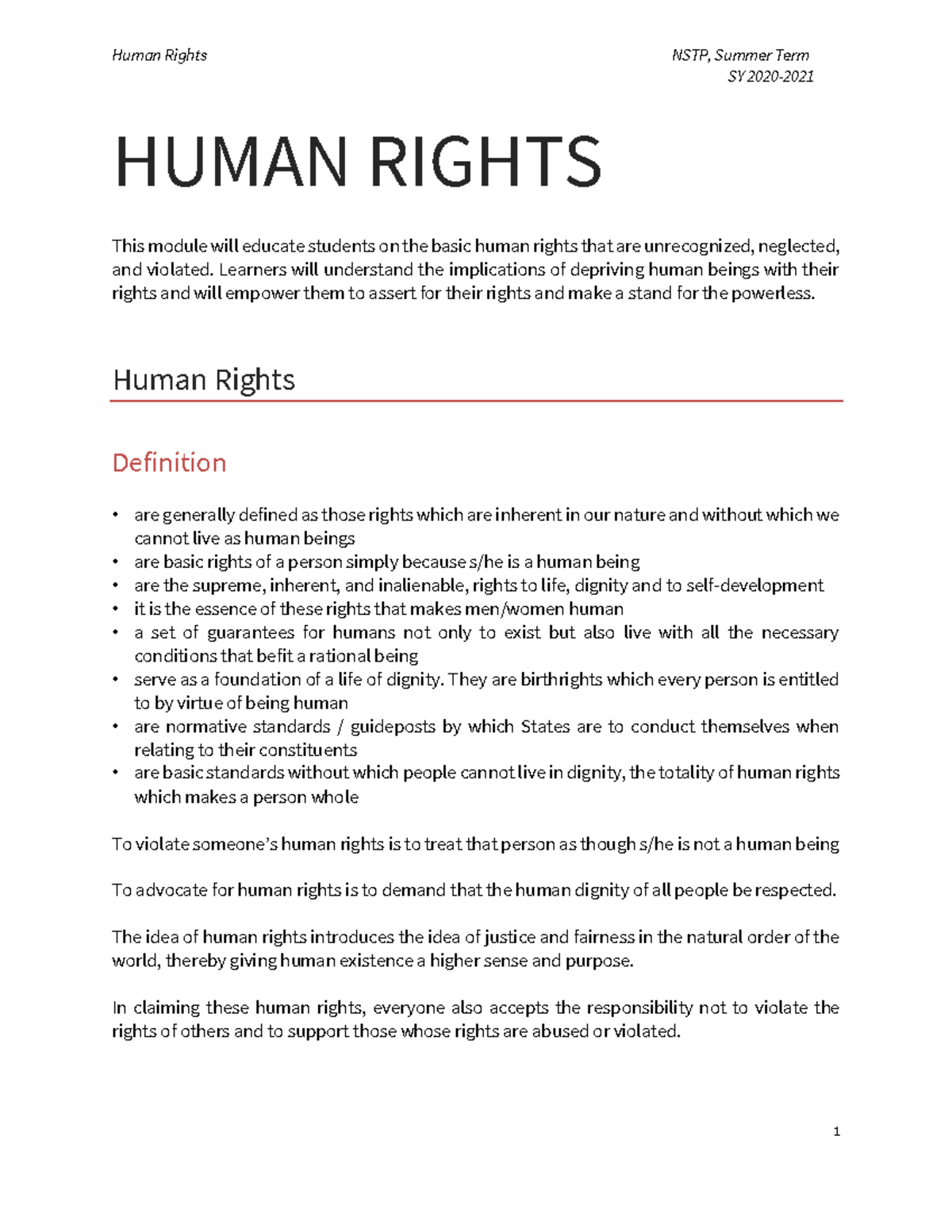 NSTP Human Rights - SY 2020- 2021 HUMAN RIGHTS This module will educate ...