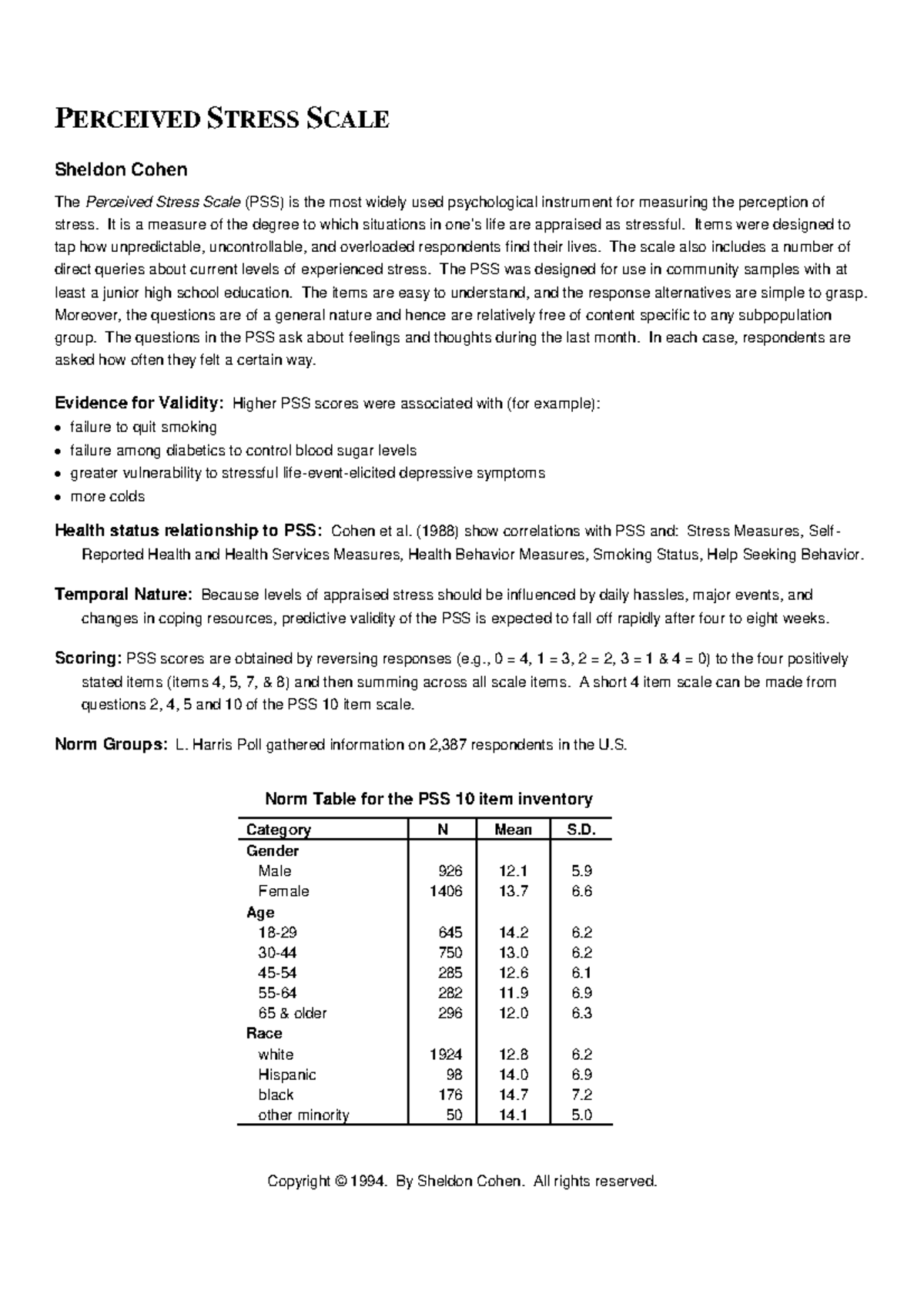 Penn College Perceived Stress Scale - Copyright © 1994. By Sheldon ...