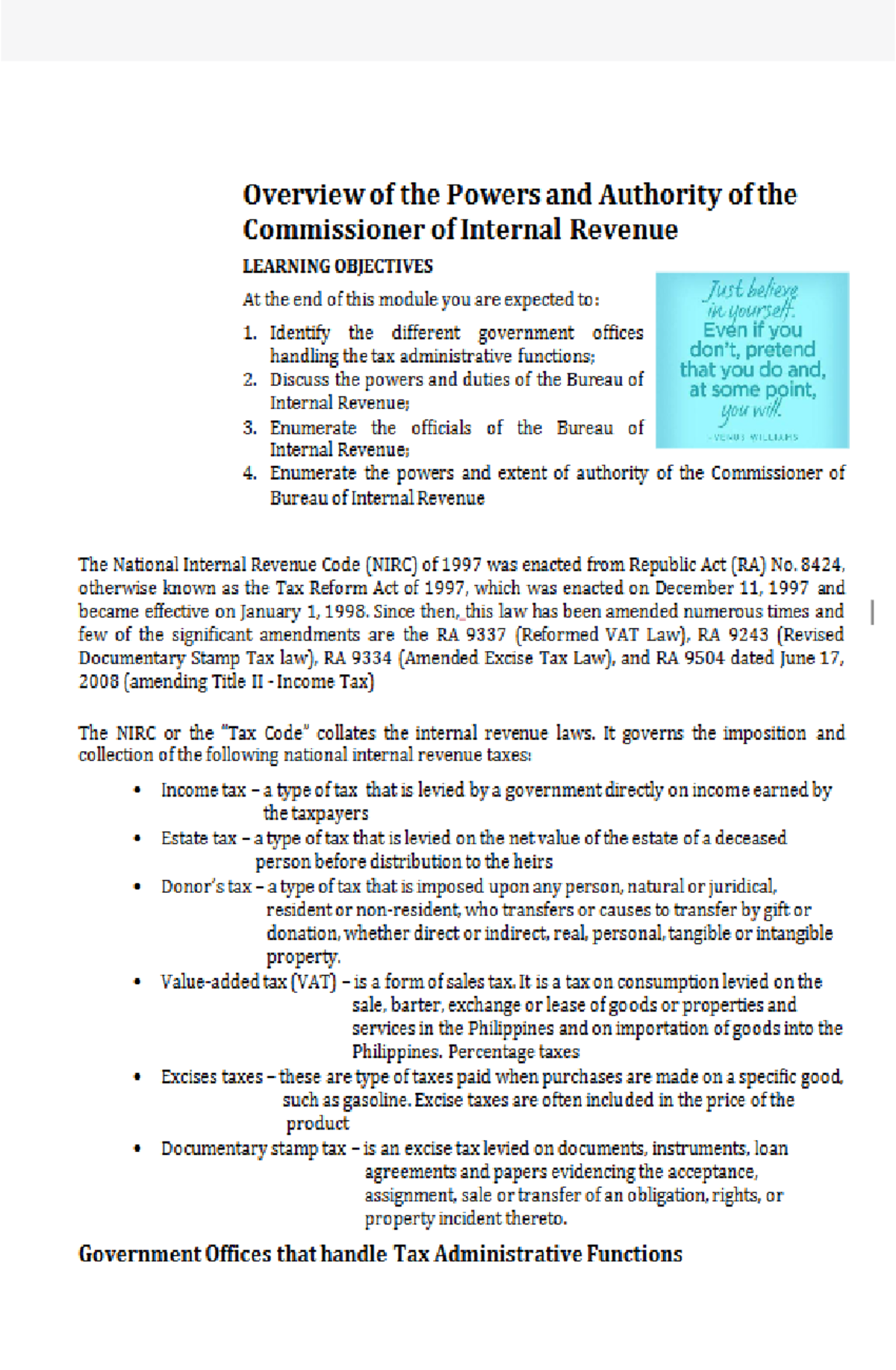 Notes 1a - Overview of the Powers and Authority of the Commissioner of ...