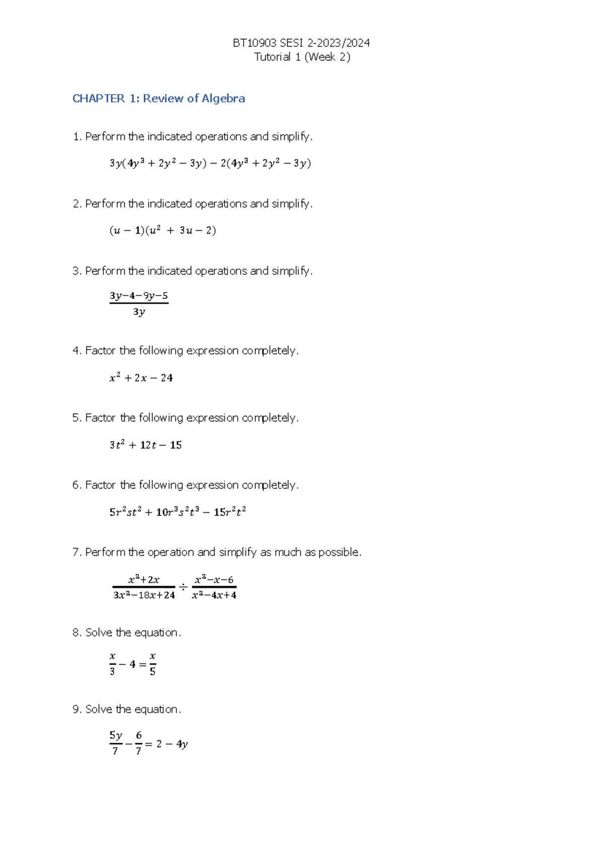 Tutorial Exercise 1 Review Of Algebra Bt10903 Sesi 2 2023 Tutorial 1 Week 2 Chapter 1
