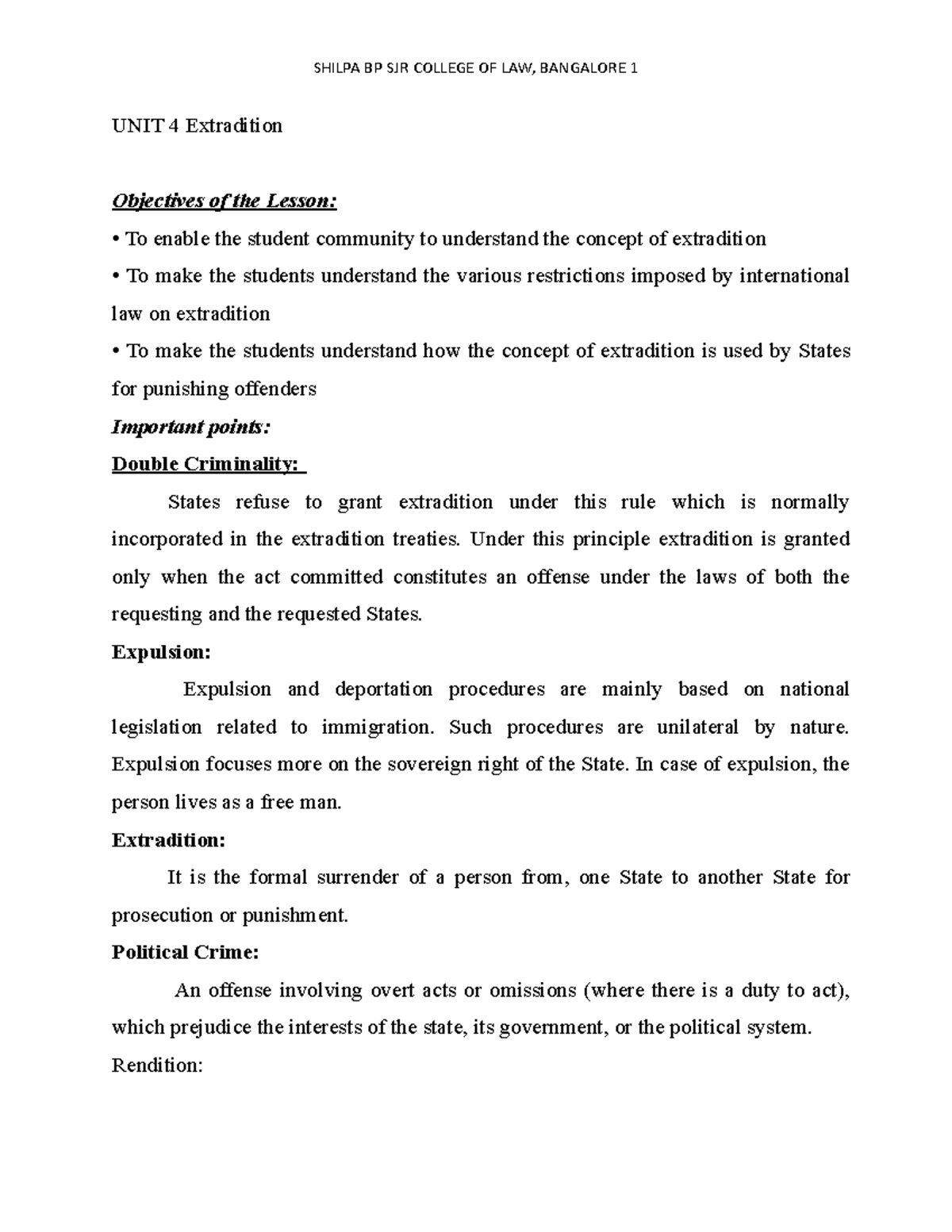 Extradition - 4th Semester ( 3 years LLB) - UNIT 4 Extradition ...