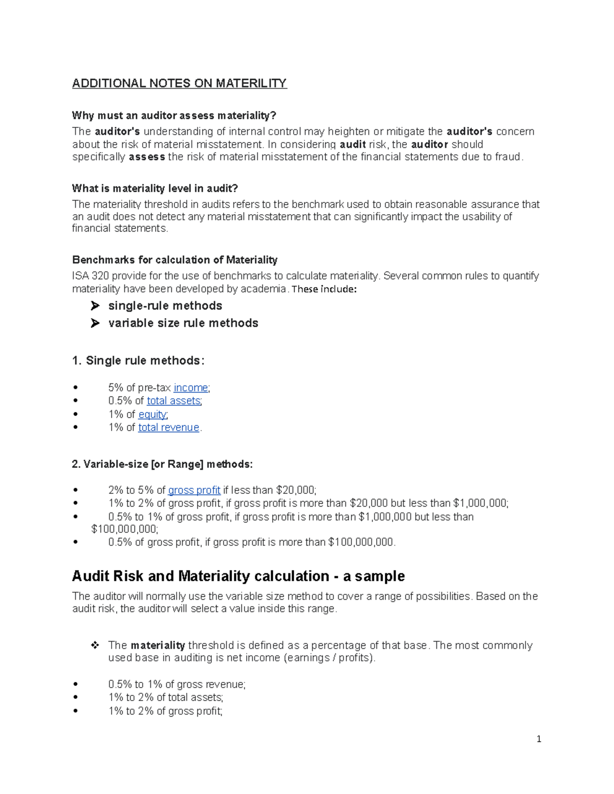 Additional Notes ON Materility - Calculation of Materiality ...