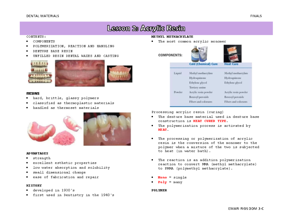 Dent mat-acrylic resin - CONTENTS: • COMPONENTS • POLYMERIZATION ...