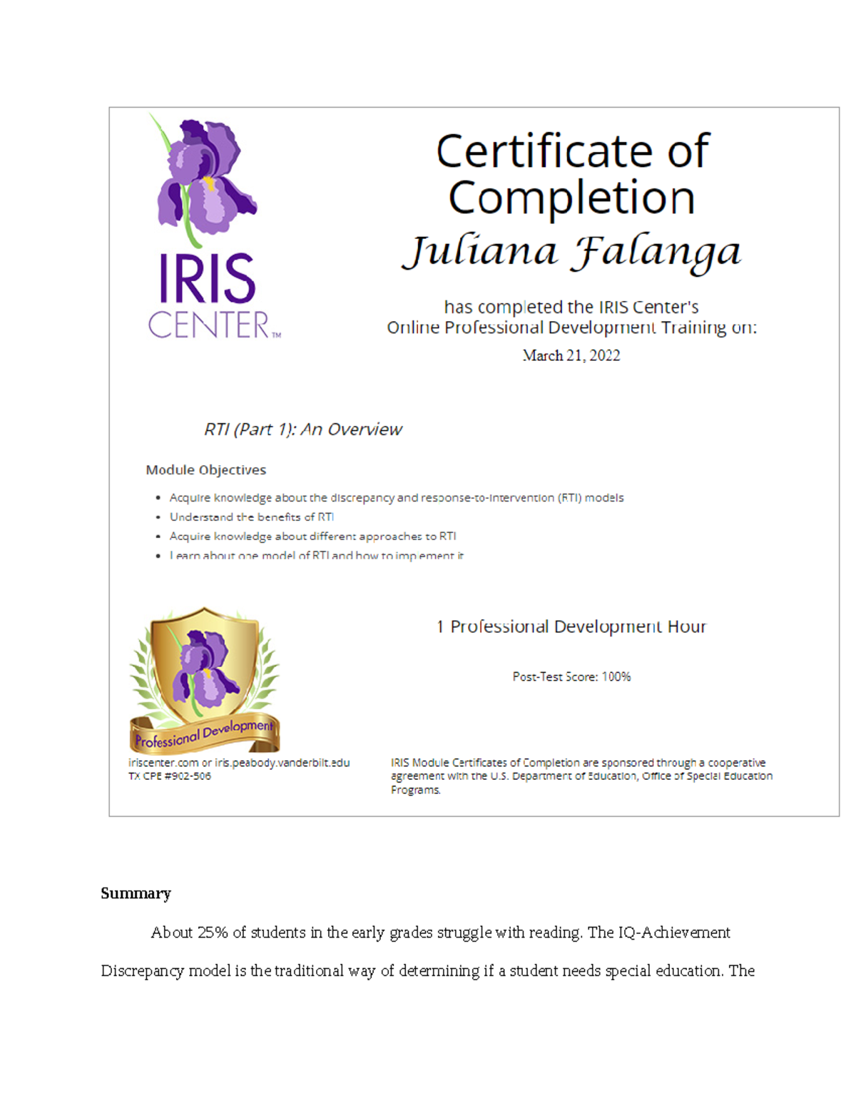 JFalanga EDSP 3612 IRIS Center RTI (Part 1) - Summary About 25% of ...
