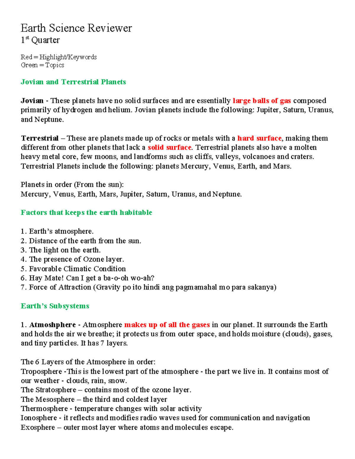 Earth Science Reviewer Q1 - Earth Science Reviewer 1 st Quarter Red ...