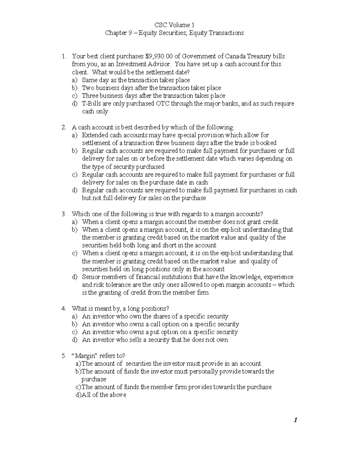 Csc I Fina 739 Class Exercise Chapter 9 Sample Class Questions Csc Volume 1 Chapter 9