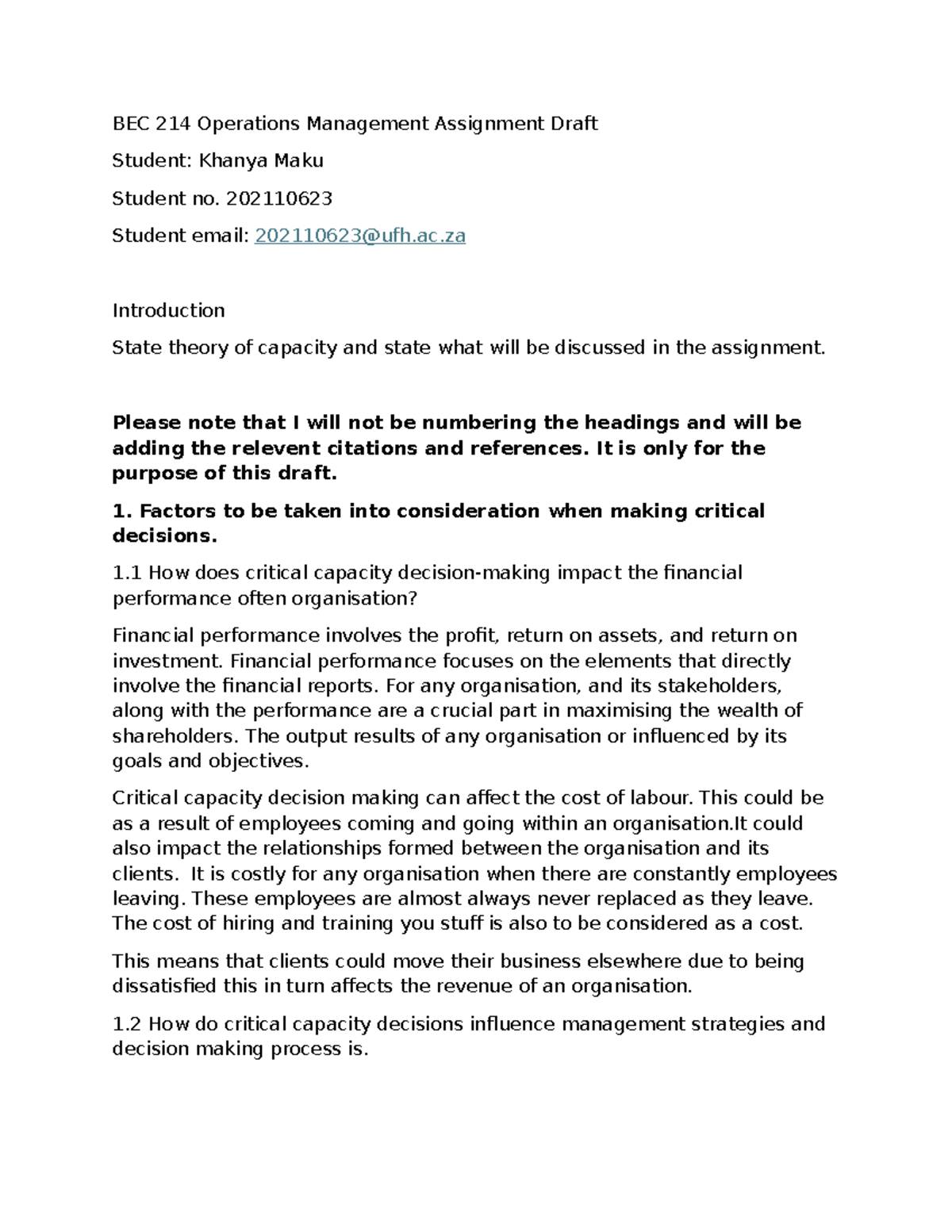 Operations Management Assignment Draft - 202110623 - BEC 214 Operations Management Assignment ...